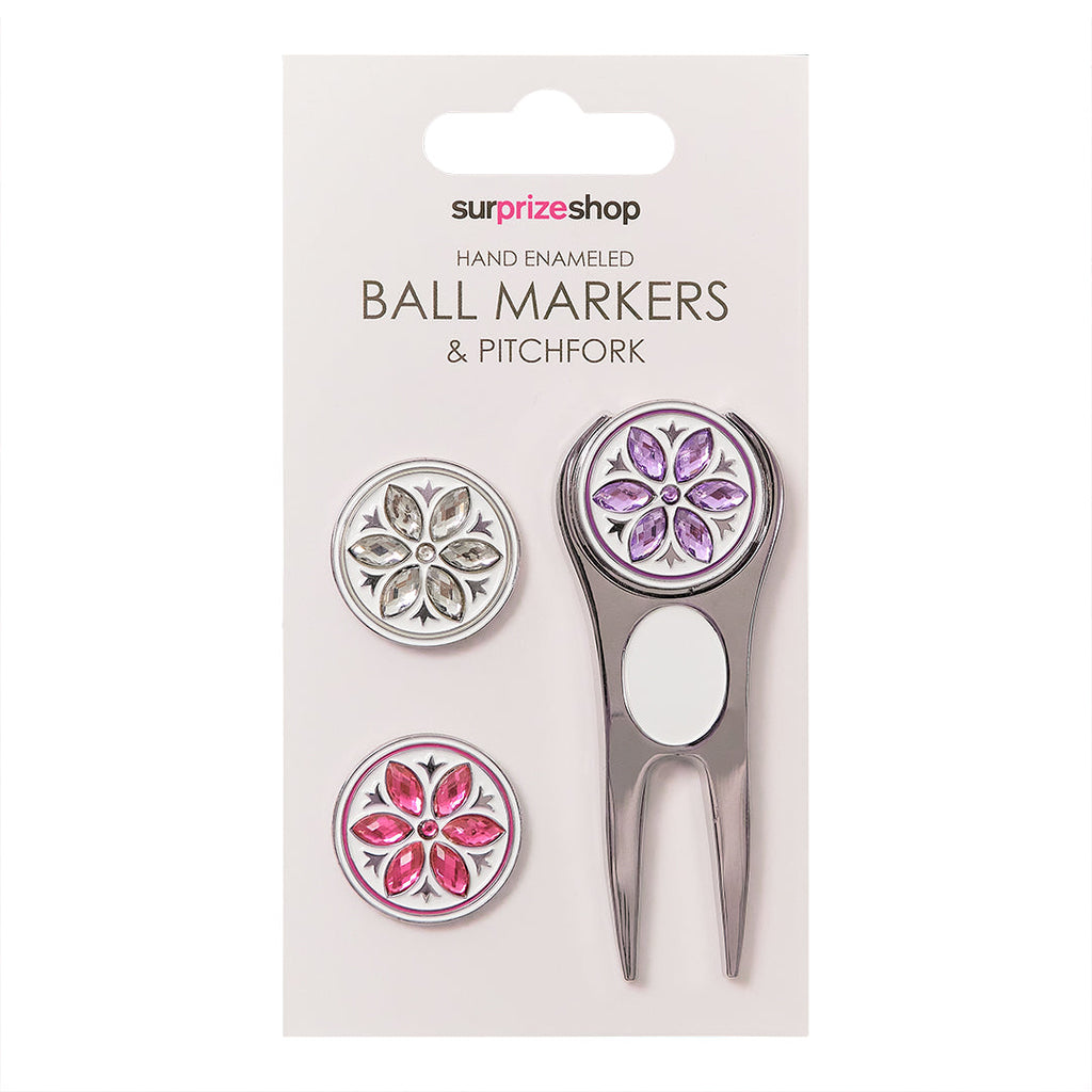 Crystal Flower Golf Ball Markers and Pitchfork Pack - Surprizeshop